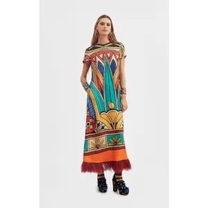 LA DOUBLEJ Printed Silk Twill Swing Dress With Feather Trim