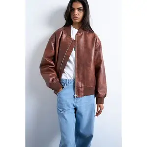 Topshop Oversized Faux Leather Bomber Jacket - Tan