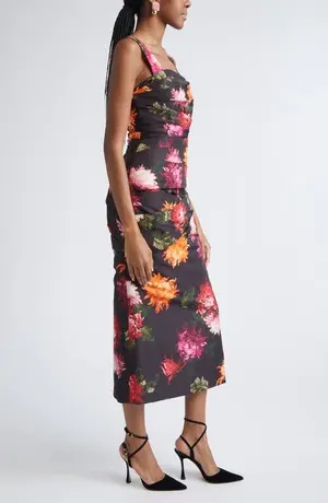 Carolina Herrera Chrysanthemum Print Pleated Faille Midi Dress - Black Multi