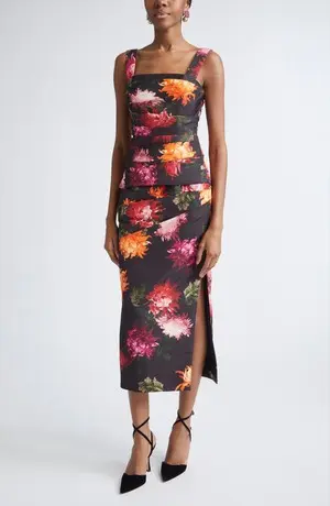 Carolina Herrera Chrysanthemum Print Pleated Faille Midi Dress - Black Multi
