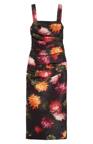 Carolina Herrera Chrysanthemum Print Pleated Faille Midi Dress - Black Multi