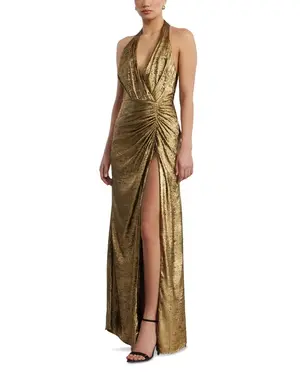 Bcbgmaxazria Lame Halter Gown