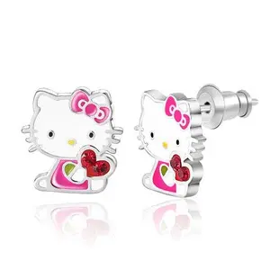 HELLO KITTY Silver-plated Crystal Enamel Heart Stud Earrings - White/ Pink