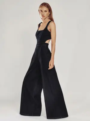 REISS Dionna Wide-leg Cut-out Denim Jumpsuit - Dark Blue