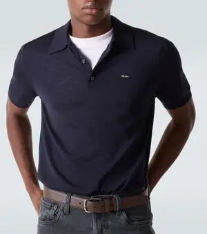 Prada Logo Virgin Wool Polo Shirt - Blue