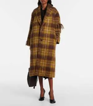 Loewe Checked Fringed Mohair And Wool Coat - Yellow
