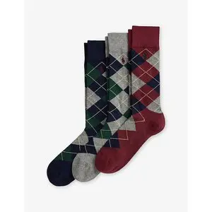 Ralph Lauren Logo-Embroidered Pack Of Three Stretch-Cotton Socks Wine/grey H/navy