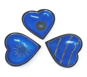 GLOBAL CRAFTS S/3 Small Soapstone Heart Bowls W / Mixed Designs - One-color