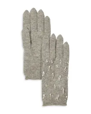 CAROLYN ROWAN ACCESSORIES Cashmere Full Finger Gloves With Faux Pearl Detail - Light Grey
