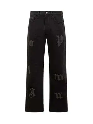 Palm Angels Jeans With Gothic Logo Embroidery - Black