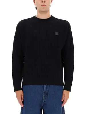 Maison Kitsuné Ribbed Knit With Fox Patch - Black