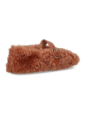 FERRAGAMO Gancini Shearling Ballet Flats - Brown