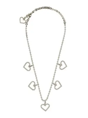 Alessandra Rich Crystal Necklace With Heart Pendants - Silver