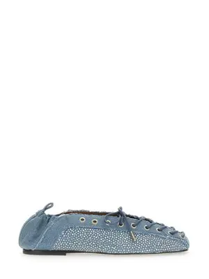 GANNI Lace-up Ballerina - Denim