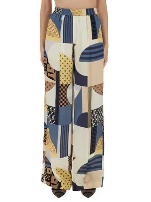 Fendi Patchwork Print Wide Leg Silk Pants - Blue