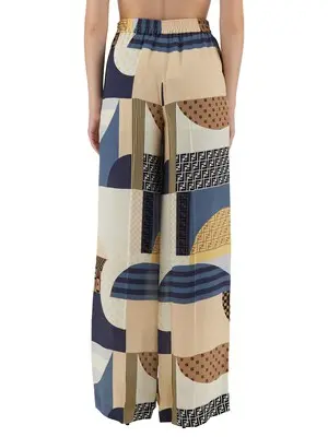 Fendi Patchwork Print Wide Leg Silk Pants - Blue