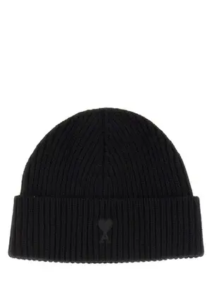 Ami Wool Beanie With Logo - Black