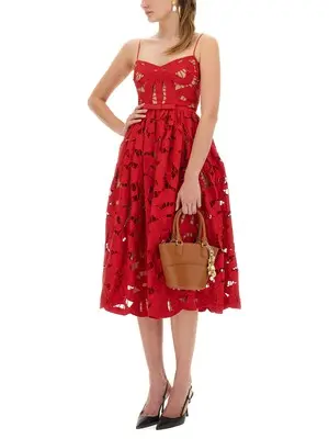 SELF-PORTRAIT Embroidered Midi Dress With Bow - Red