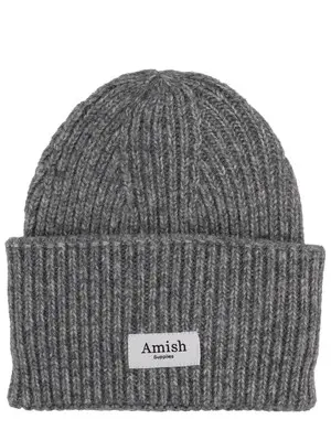 AMISH Ribbed Beanie With Logo - Grey