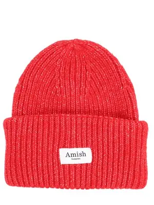 AMISH Ribbed Beanie With Logo - Red