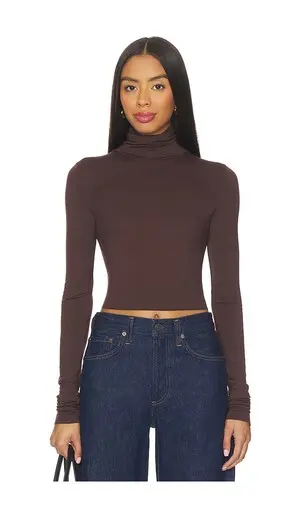 Eterne Cropped Fitted Turtleneck Soft Jersey Top - Espresso