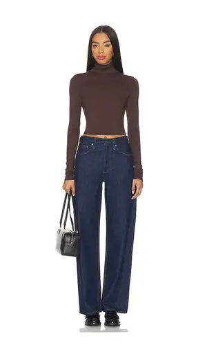 Eterne Cropped Fitted Turtleneck Soft Jersey Top - Espresso