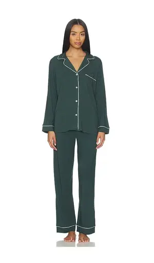 Eberjey Gisele Long Pj Set In Dark Green - Pine & Ivory