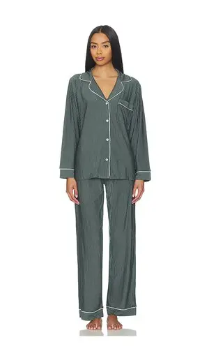 Eberjey Gisele Printed Long Pj Set In Dark Green - Duo Stripe Pine & Ivory