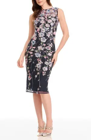 Dress The Population Claudette Floral Embroidered Sheath Cocktail Dress - Navy Multi