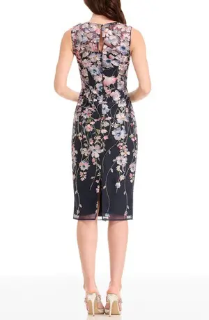 Dress The Population Claudette Floral Embroidered Sheath Cocktail Dress - Navy Multi