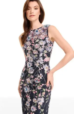 Dress The Population Claudette Floral Embroidered Sheath Cocktail Dress - Navy Multi