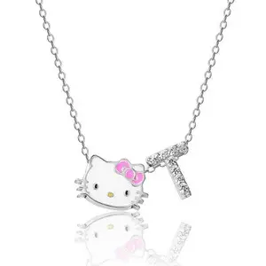 HELLO KITTY Plated Enamel Pave Initial Slider Necklace - White/silver T