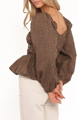 PETAL & PUP Checks Peplum Top - Dark Brown Check