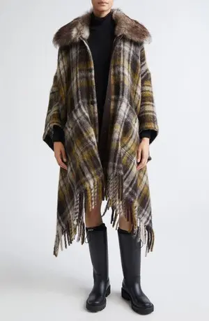 Moncler Plaid Felt Cape With Genuine Shearling Collar - Neutral