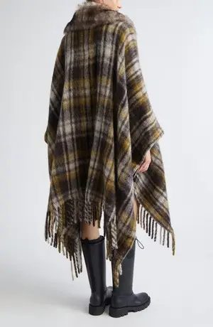 Moncler Plaid Felt Cape With Genuine Shearling Collar - Neutral