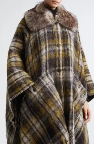 Moncler Plaid Felt Cape With Genuine Shearling Collar - Neutral