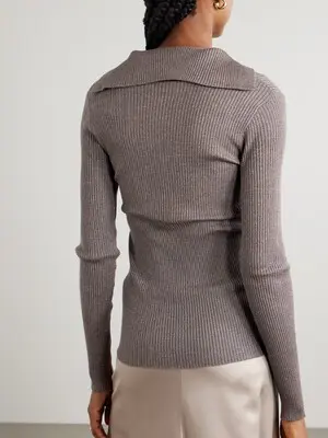 Brunello Cucinelli Ribbed Metallic Cashmere And Silk-blend Top - Brown