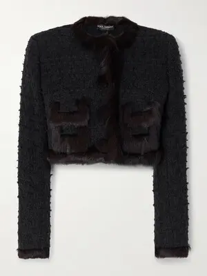 Dolce & Gabbana Cropped Cotton-blend Tweed Jacket With Shearling Trim - Black