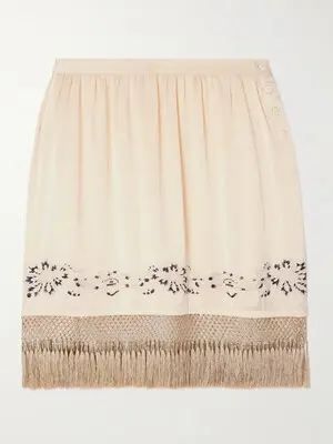 BODE Phantasm Fringed Embroidered Silk-satin Mini Skirt - Neutrals