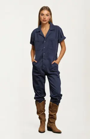 KNIT & LOUNGE Short Sleeve Utility Jumpsuit - Dark Blue