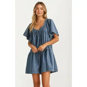 KNIT & LOUNGE Flutter Sleeve Cinched Waist Denim Romper - Denim Blue