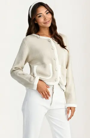 KNIT & LOUNGE Button-front Cardigan With Contrast Trim And Patch Pockets