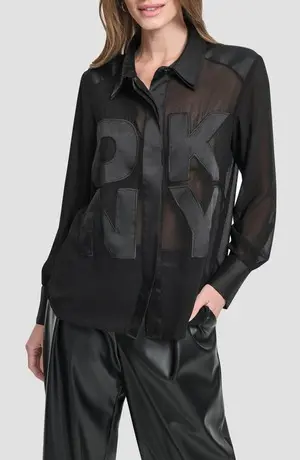 Dkny Chiffon Logo Sheer Button-up Shirt