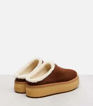 Prada Shearling-trimmed Suede Platform Mules - Brown
