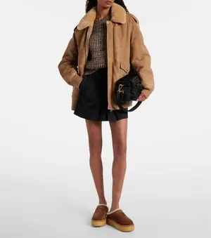 Prada Shearling-trimmed Suede Platform Mules - Brown
