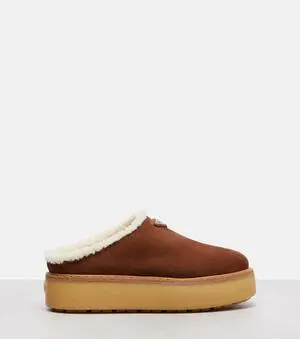 Prada Shearling-trimmed Suede Platform Mules - Brown