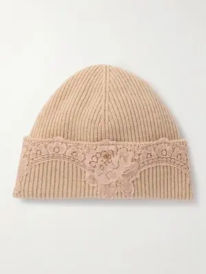 Valentino Garavani Lace-trimmed Ribbed Cashmere Beanie - Pink
