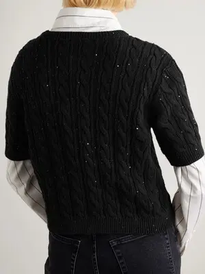 FRAME Sequin-embellished Cable-knit Cotton-blend Sweater