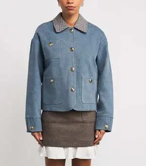 Sandro Denim Jacket With Check Trim - Blue