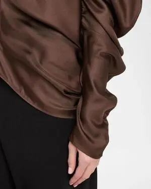 THE ROW Miles Draped Silk Turtleneck Top - Taupe